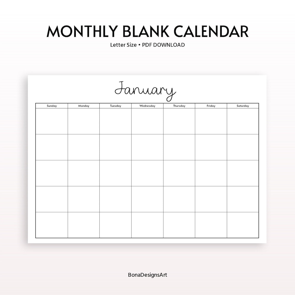 Monthly Blank Calendar, Horizontal Printable Calendar Pages, Printable ...