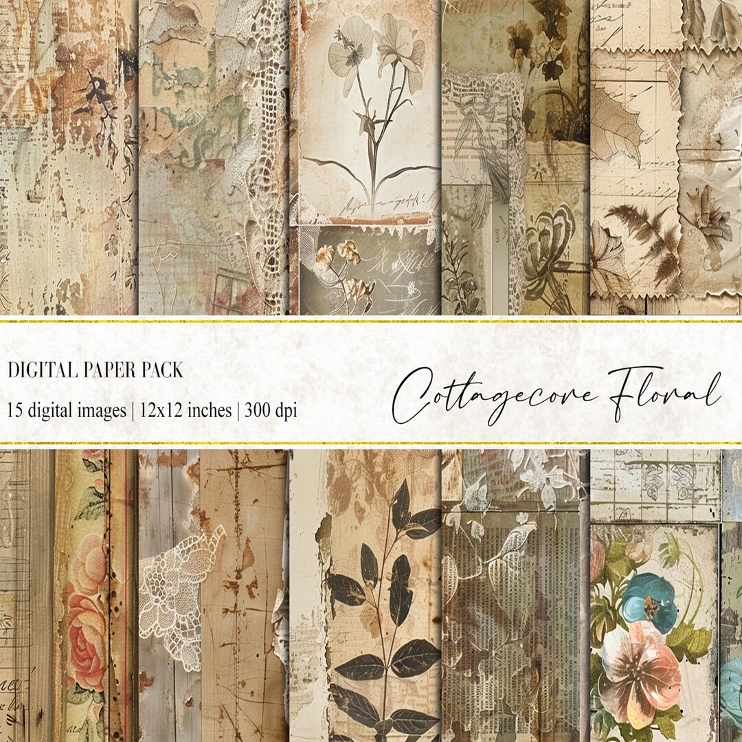 Cottagecore Floral Digital Papers: Vintage Journal, Shabby Collage (PNG ...