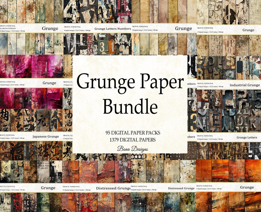Grunge Digital Paper Bundle: 1379 Distressed Textures, Ephemera ...