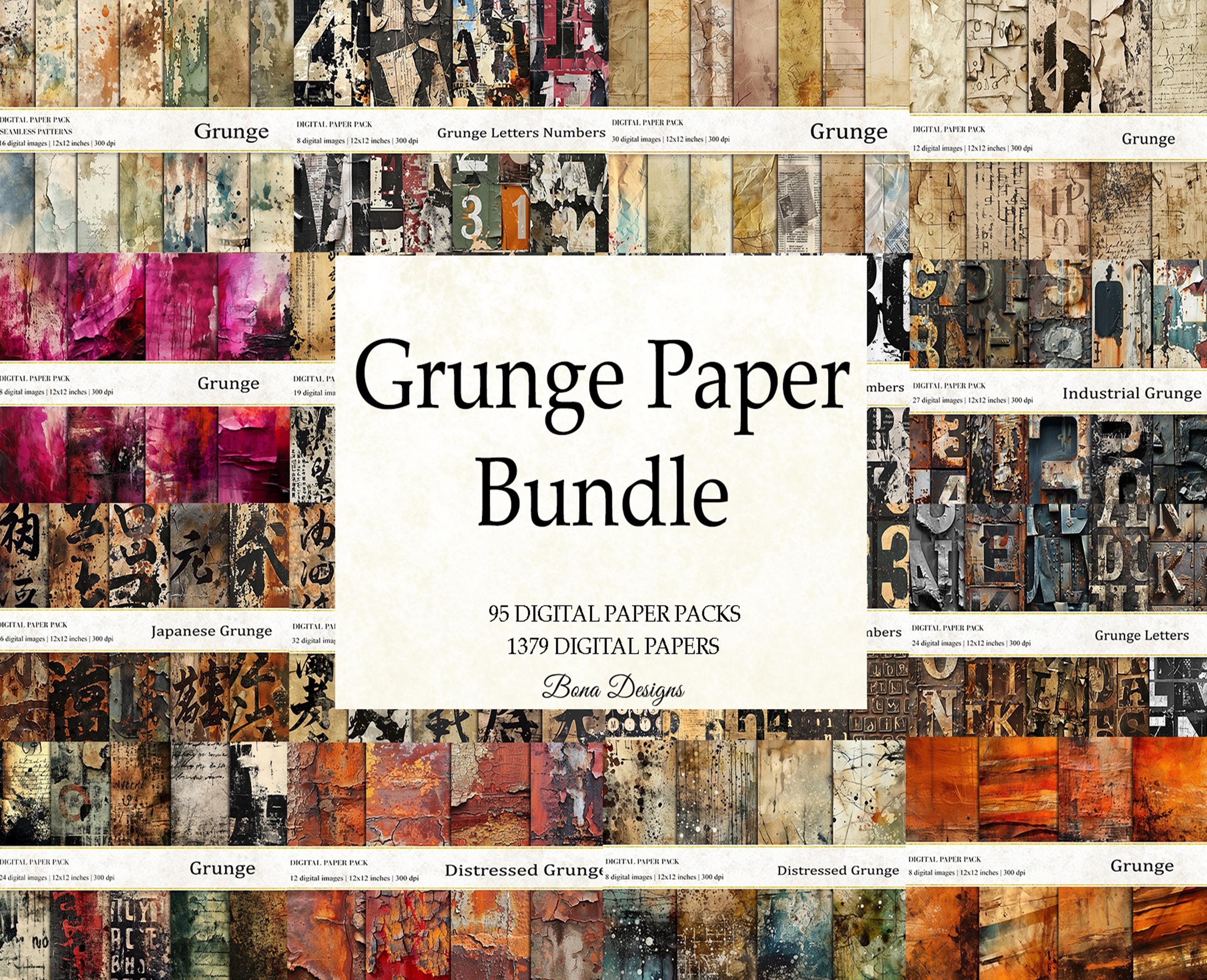 Grunge Digital Paper Bundle: 1379 Distressed Textures, Ephemera ...