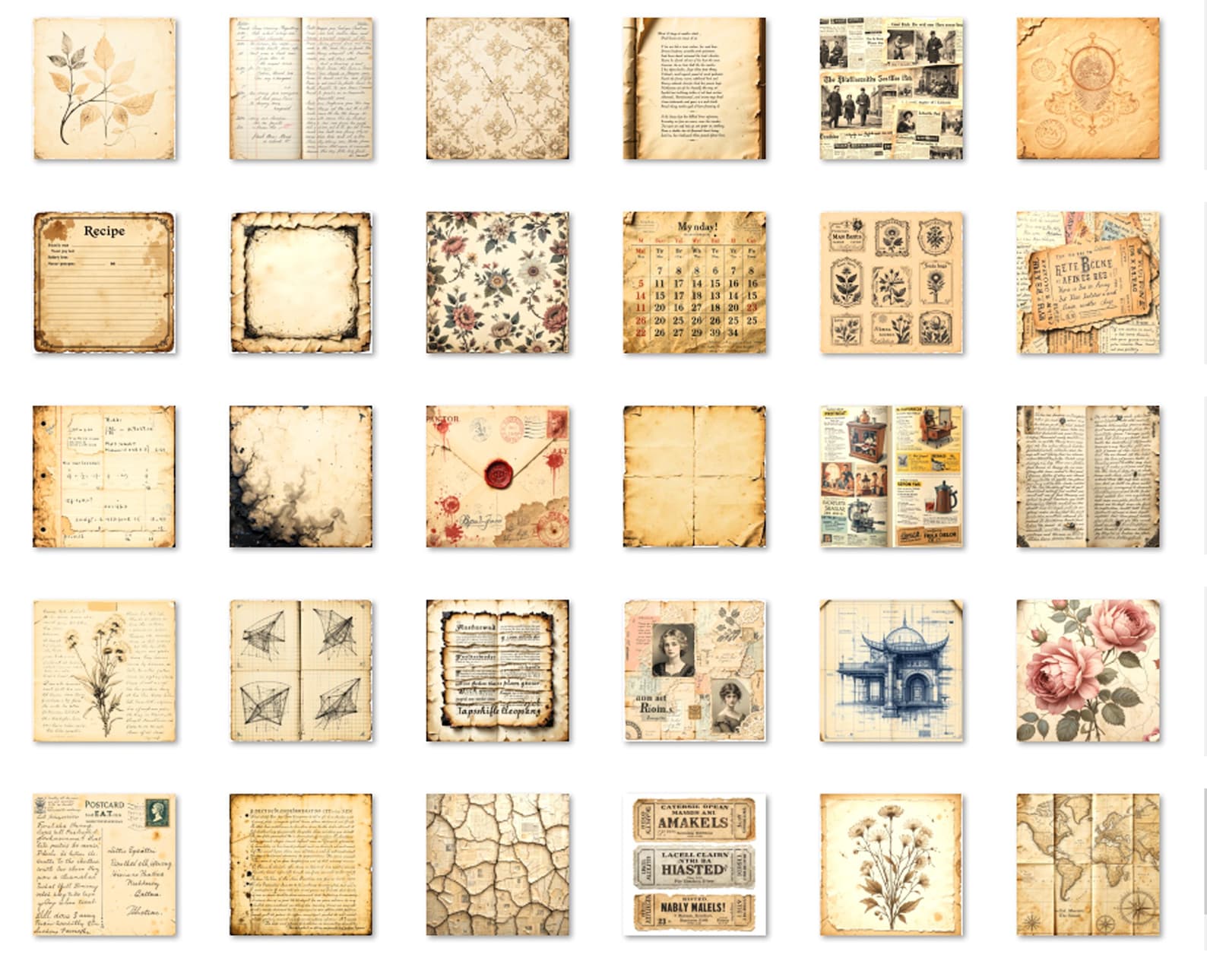 Vintage Ephemera Paper Bundle: Botanical Collage, Scrapbook (digital ...
