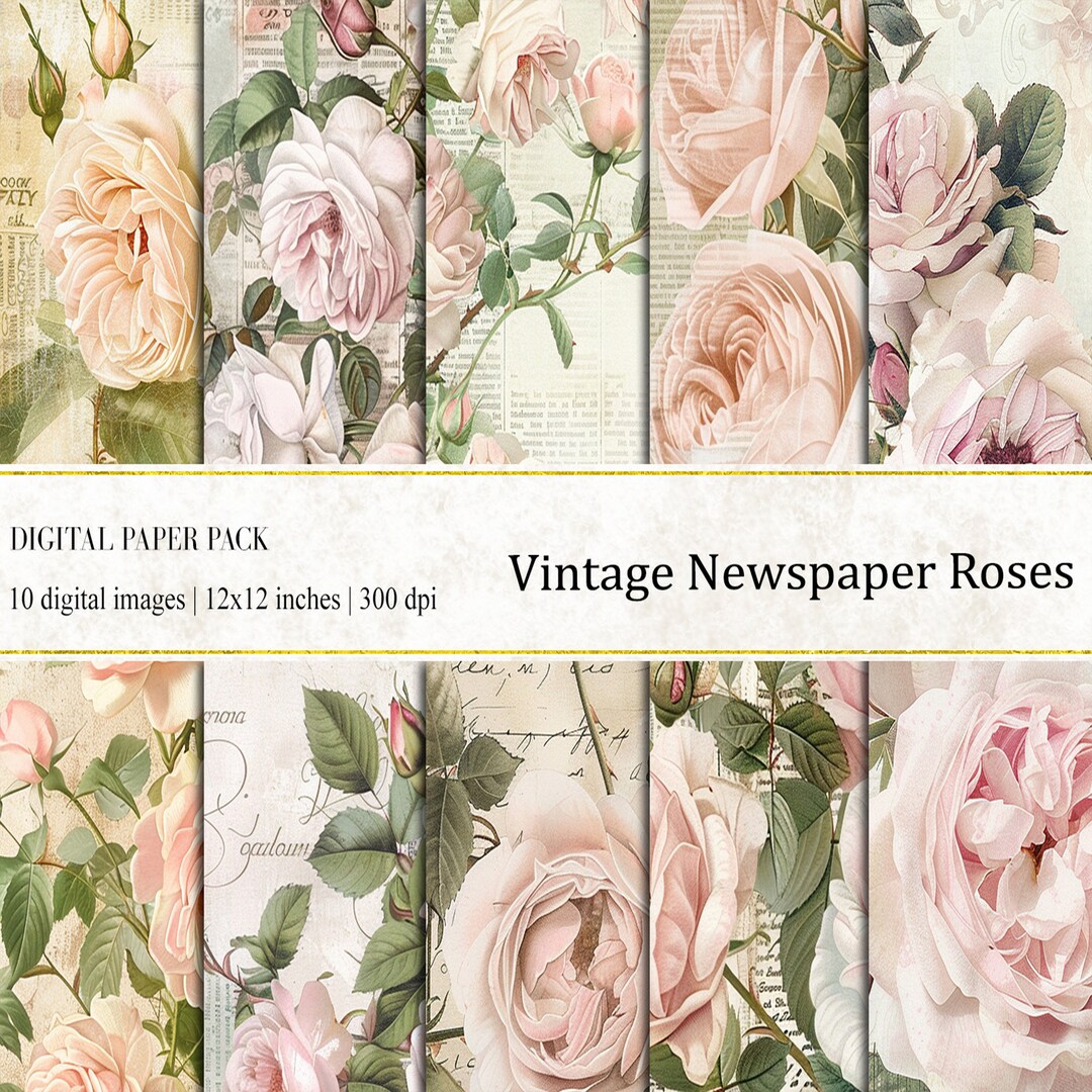 Vintage Newspaper Roses Digital Papers, Vintage Roses Digital Paper ...