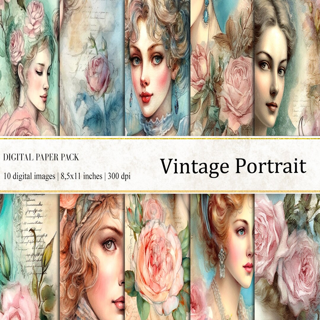 Vintage Portrait Digital Papers, Floral Women, (8.5x11 In, JPG ...