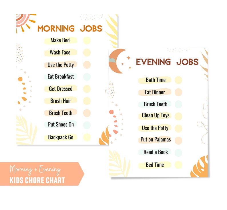 Kids Chore Chart Printable Morning and Evening, Kids Morning, Boho ...