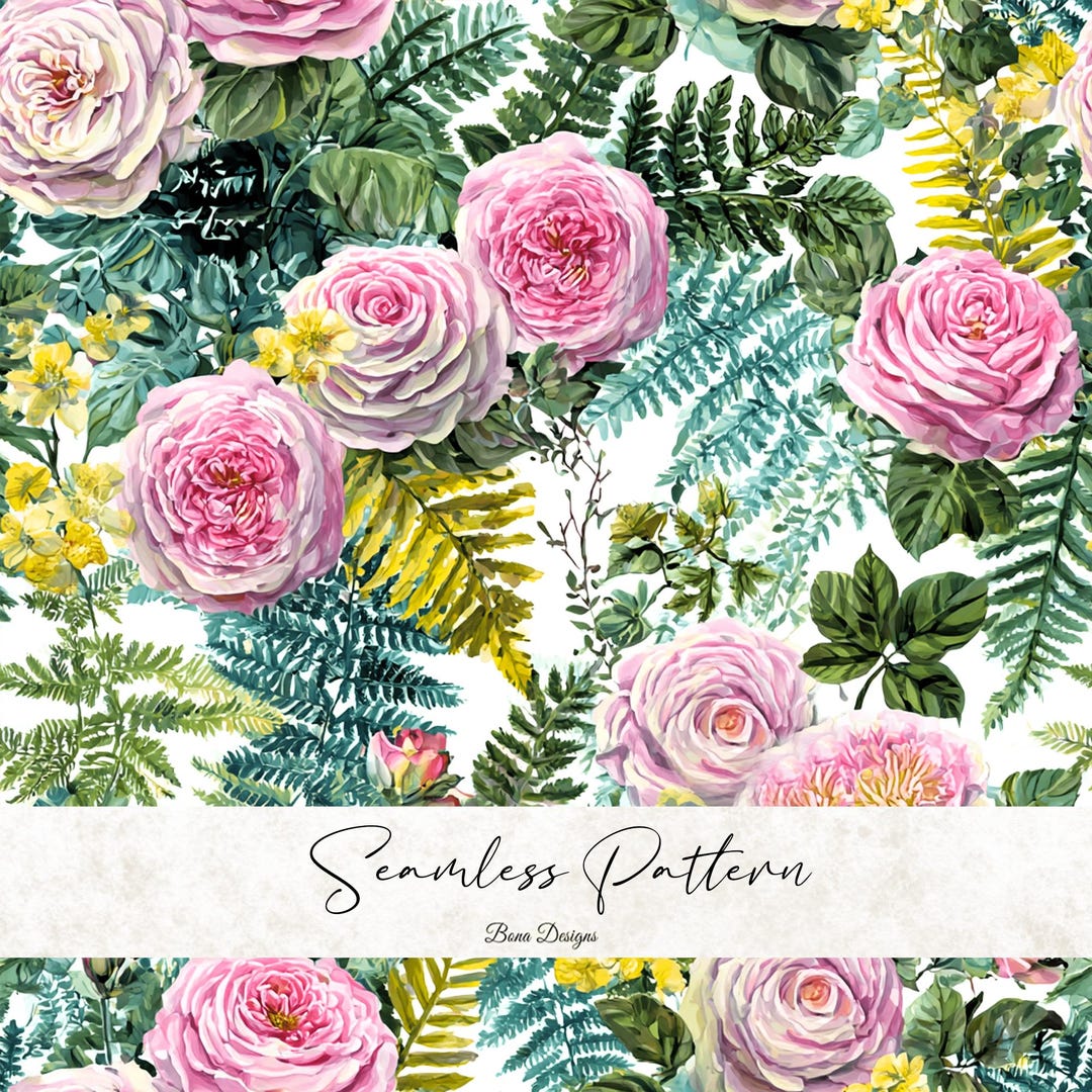 Pink Roses Fern Botanical Seamless Pattern, Elegant Floral Fabric ...