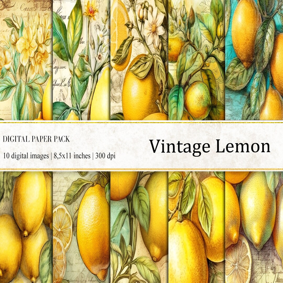 Vintage Lemon Digital Papers, Watercolor Lemon Digital Paper, Lemon ...