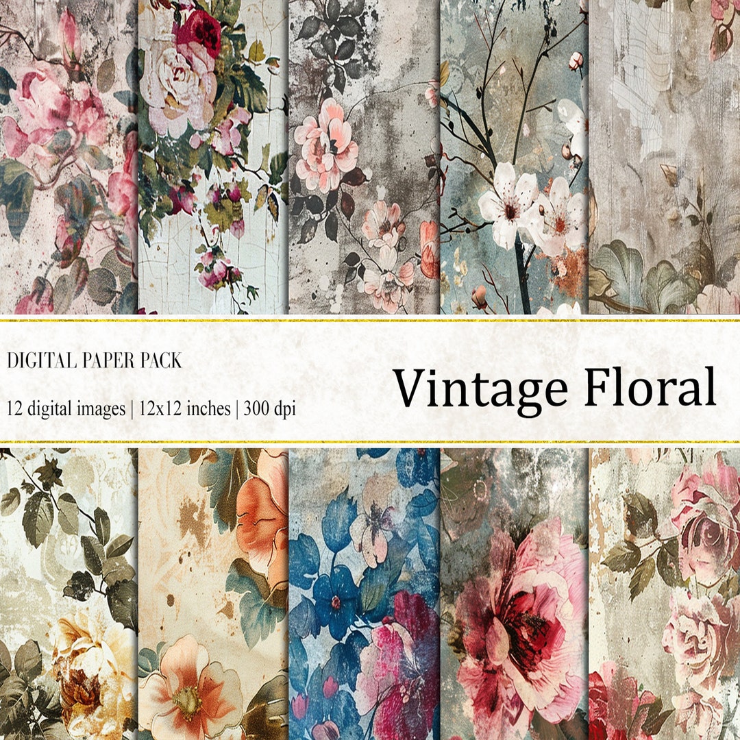 Vintage Floral Digital Paper, Vintage Floral Print, Grunge Floral ...