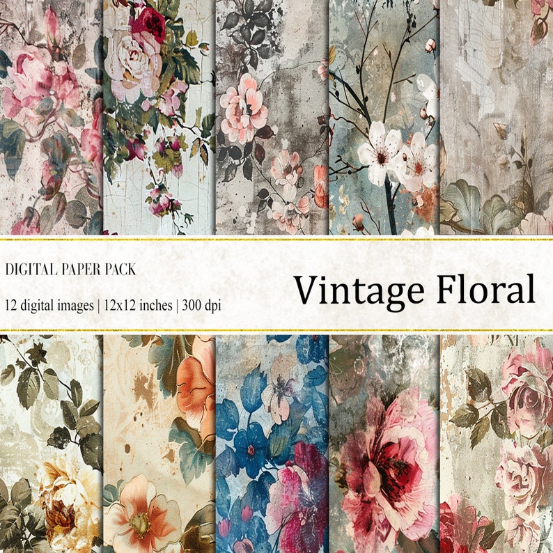 Vintage Floral Digital Paper, Vintage Floral Print, Grunge Floral ...