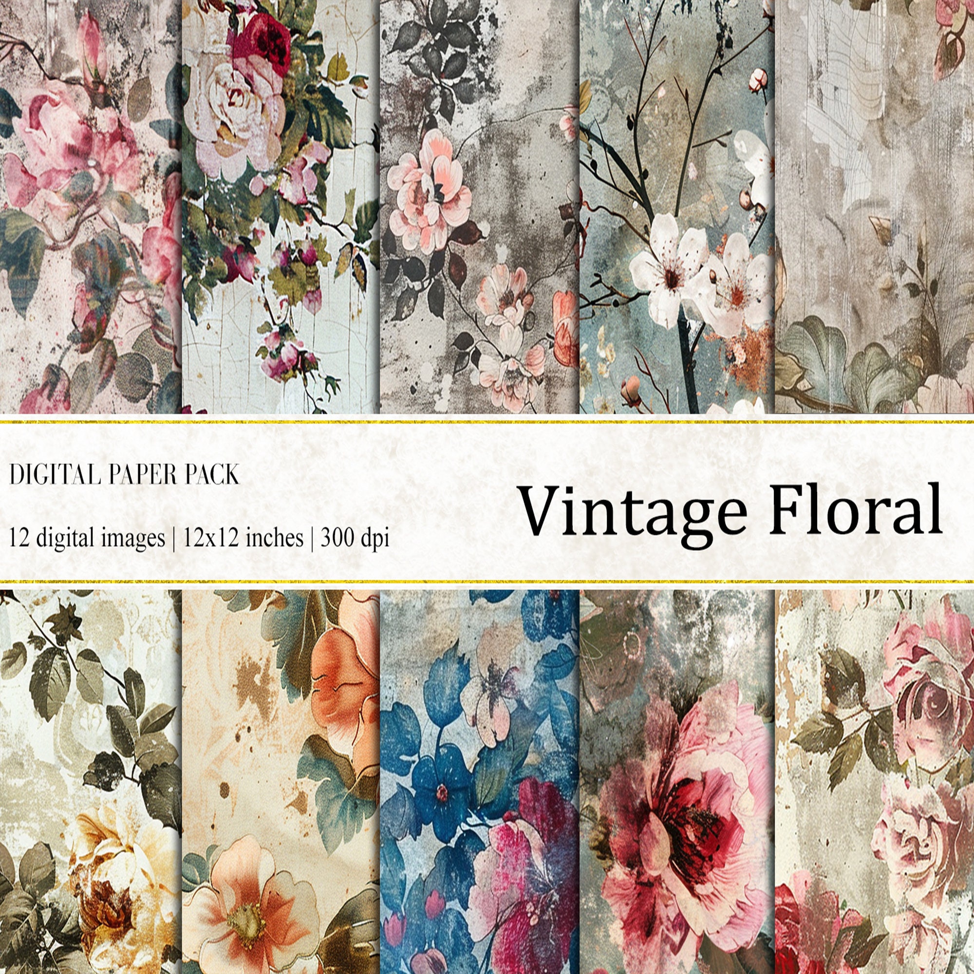 Vintage Floral Digital Paper, Vintage Floral Print, Grunge Floral ...