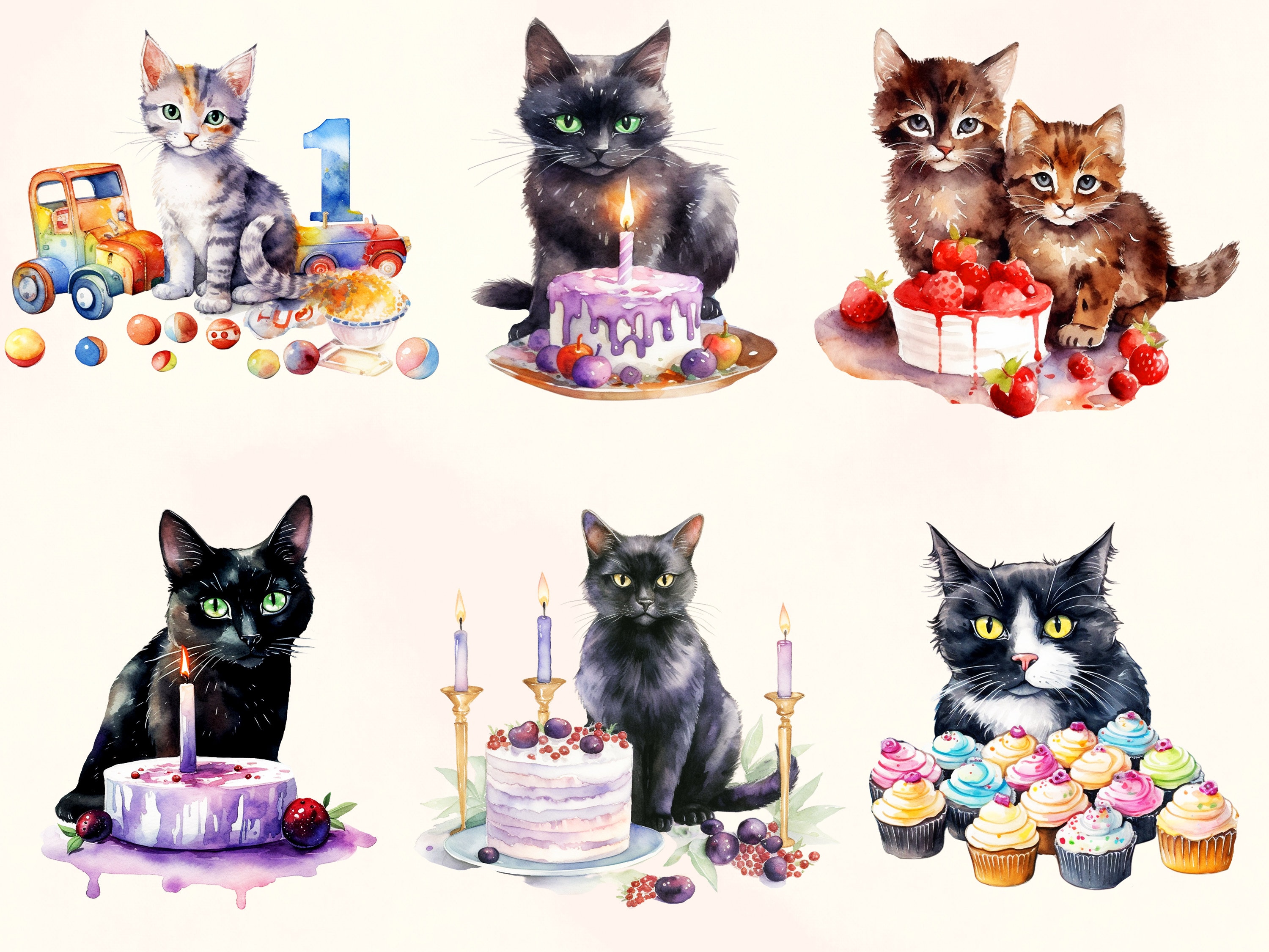 Watercolor Birthday Cat Clipart: 14 PNG Images (commercial Use) - Etsy