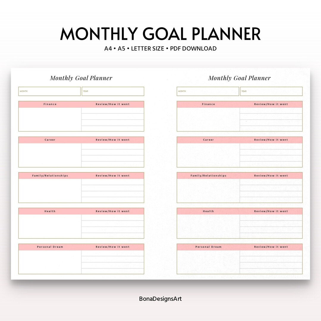 Monthly Goal Planner Printable, Printable Calendar, Monthly Blank ...