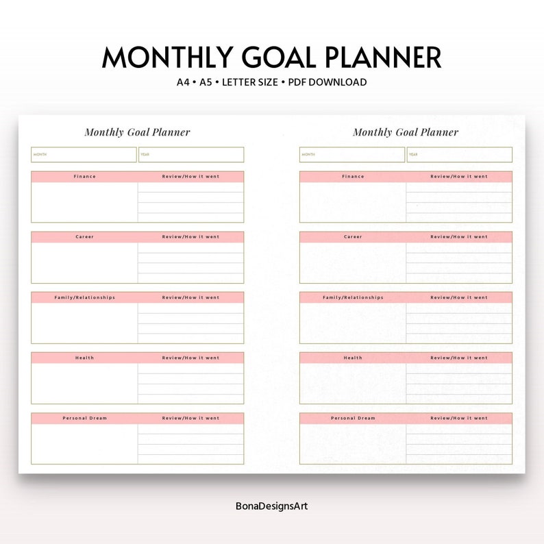 Monthly Goal Planner Printable, Printable Calendar, Monthly Blank ...