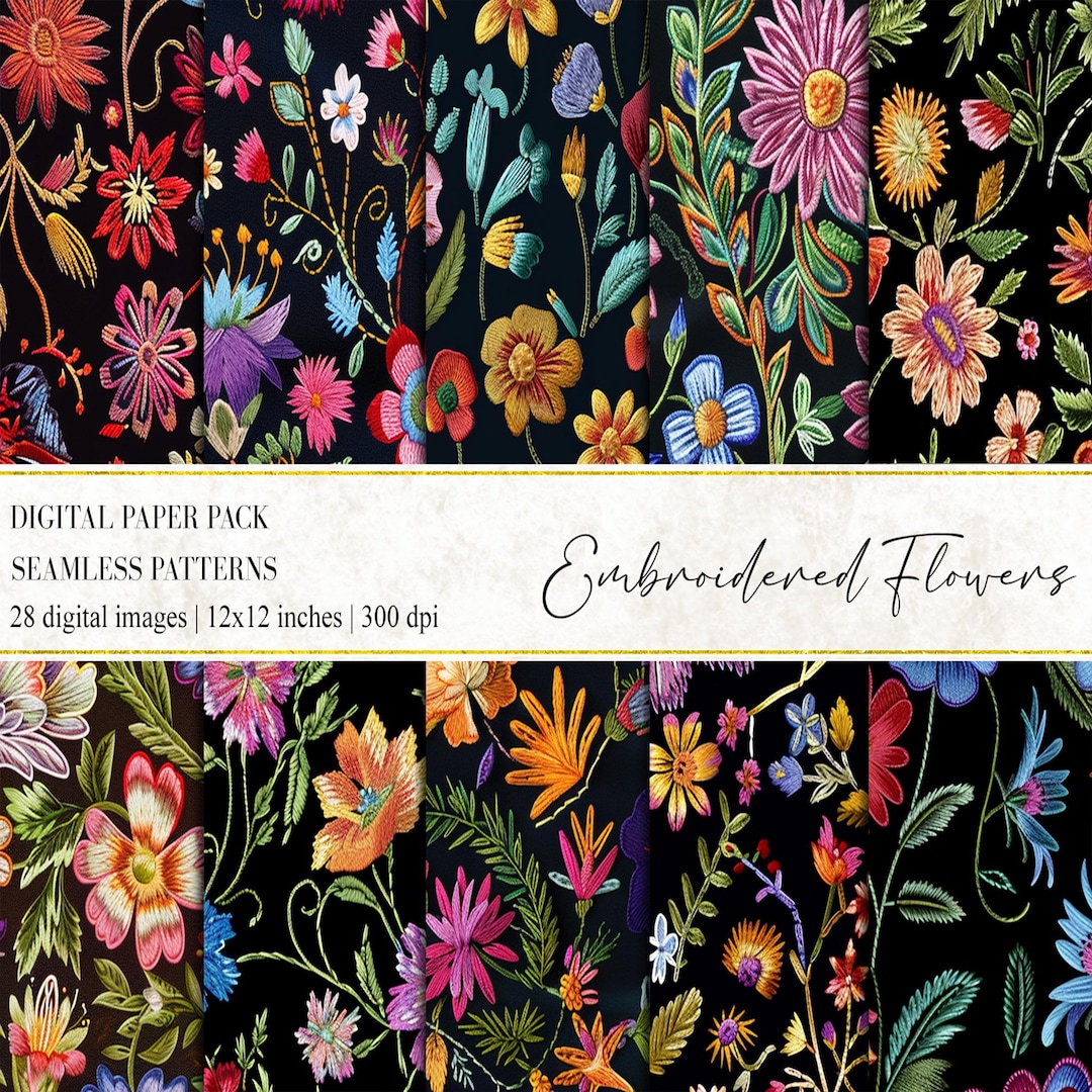 Embroidered Flowers Digital Paper, Flower Embroidery, Fabric Seamless ...