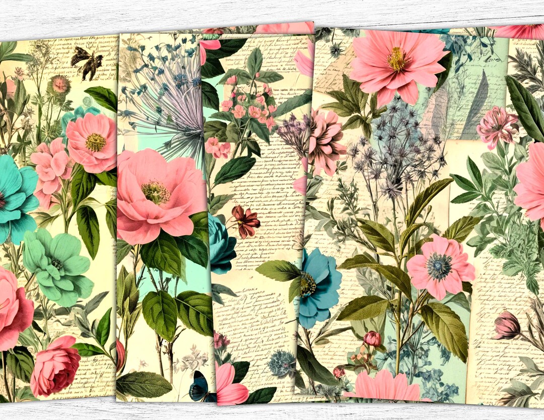 Vintage Flowers Junk Journal Papers, Flower Digital Paper, Pink Flowers ...