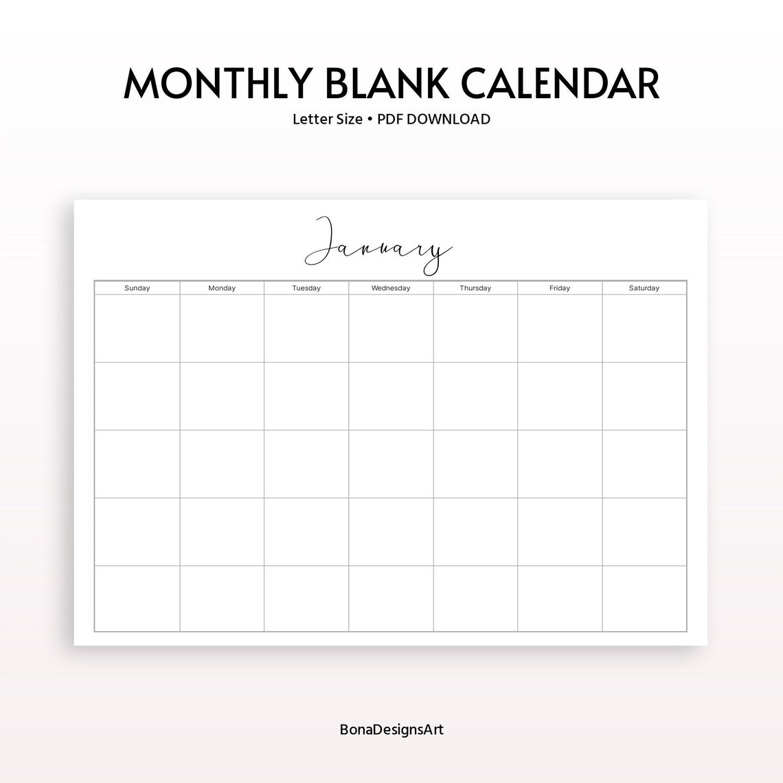 Monthly Blank Calendar, Horizontal Printable Calendar Pages, PDF ...