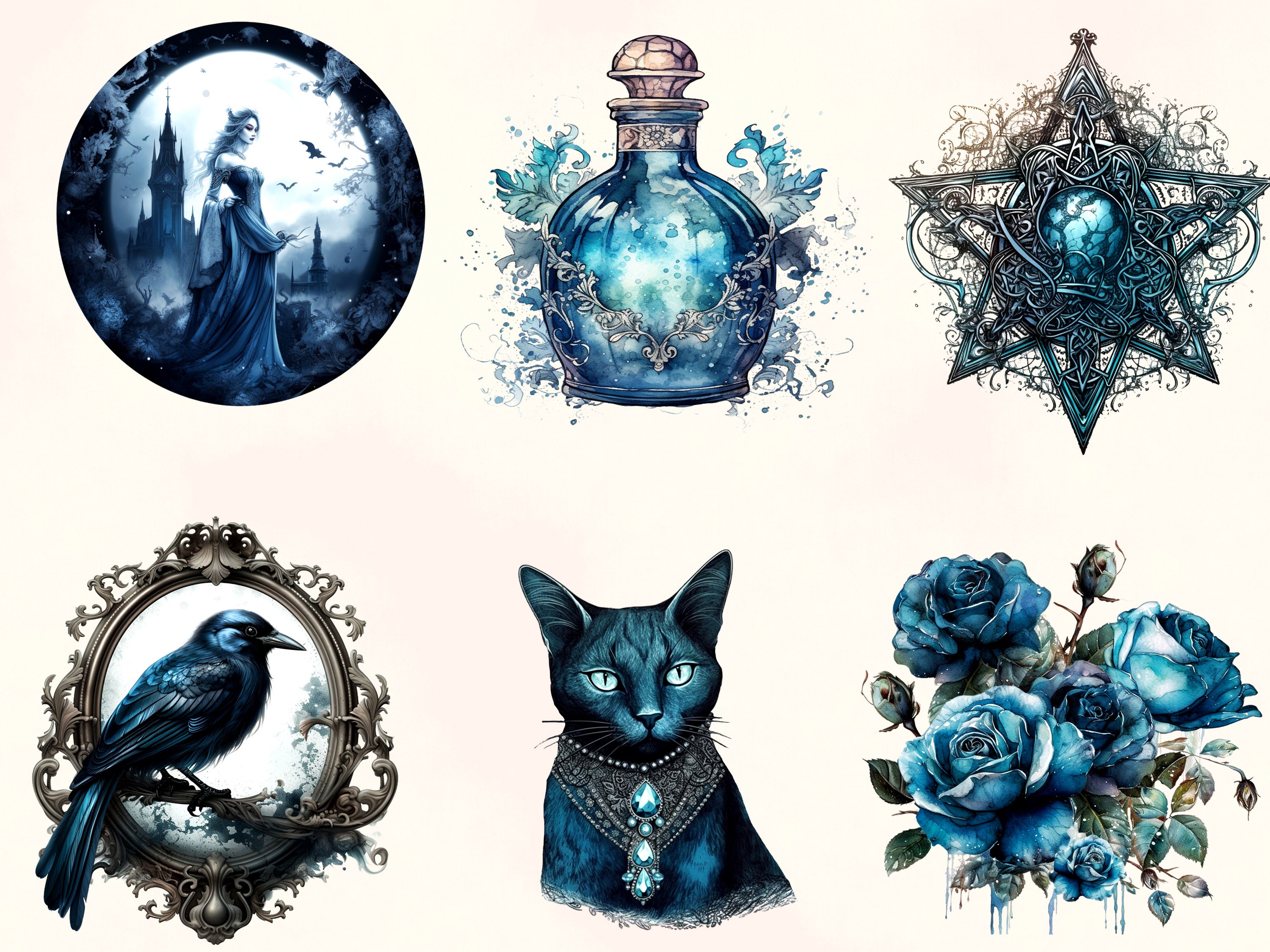 Watercolor Blue Witch Clipart: Fantasy Graphics (PNG, Commercial Use ...