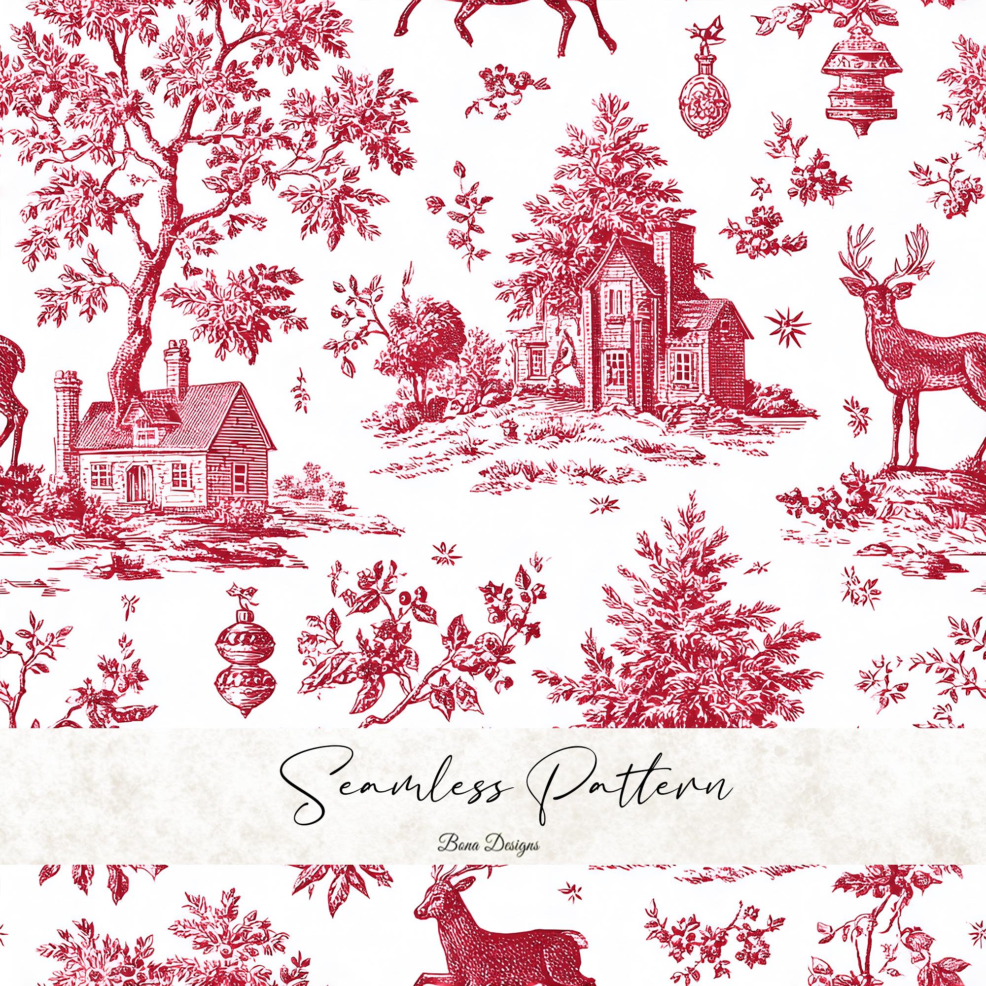 Red Christmas Toile De Jouy Pattern: Reindeer & Ornaments (digital ...