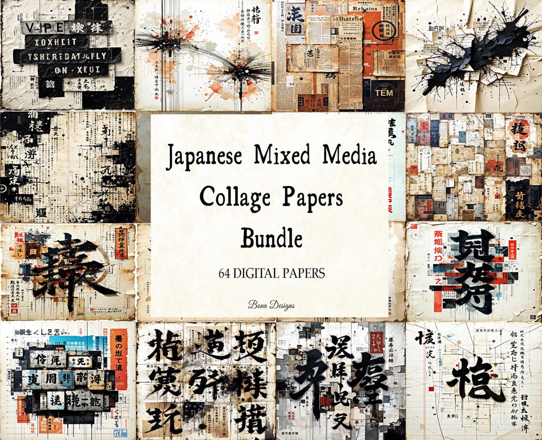 Japanese Mixed Media Collage Papers Bundle, Japanese Junk Journal ...