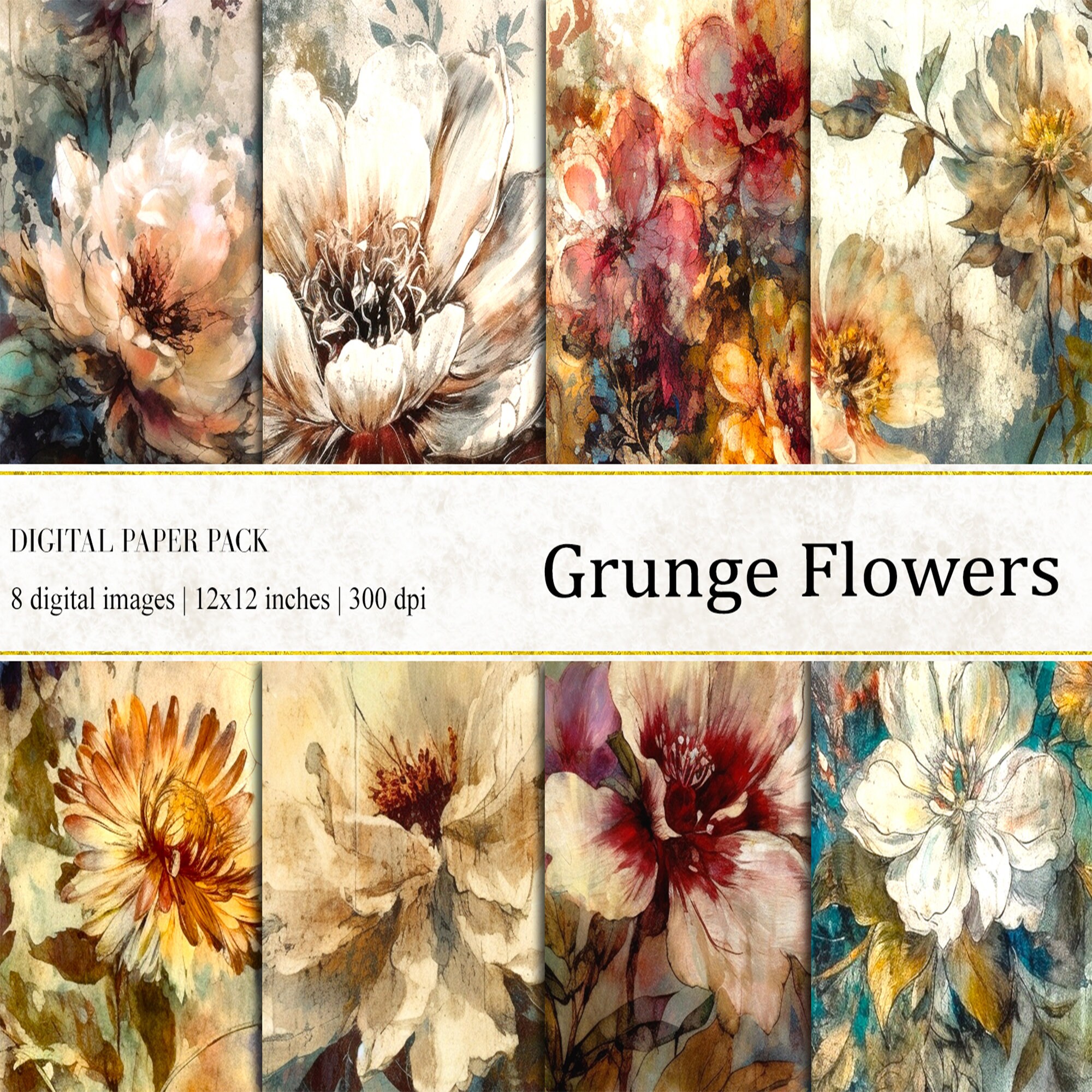 Pastel Grunge Flowers Digital Papers, Watercolor Flowers Backgrounds ...