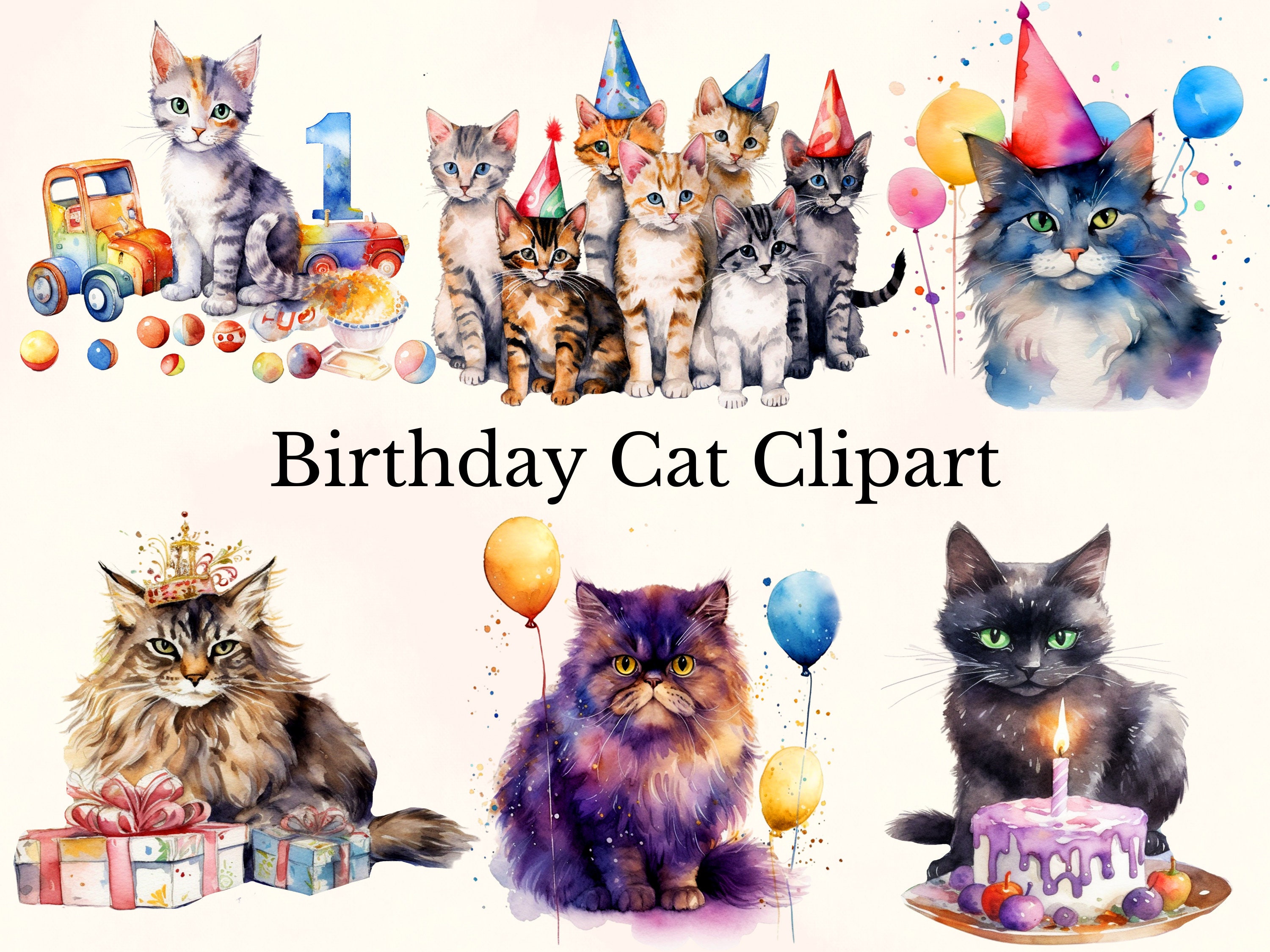 Watercolor Birthday Cat Clipart: 14 PNG Images (commercial Use) - Etsy