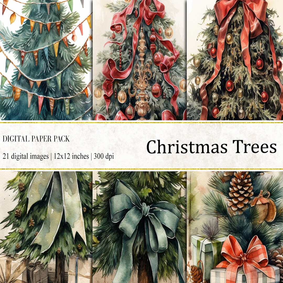 Christmas Trees Digital Papers, Vintage Christmas Scrapbooking, Old ...