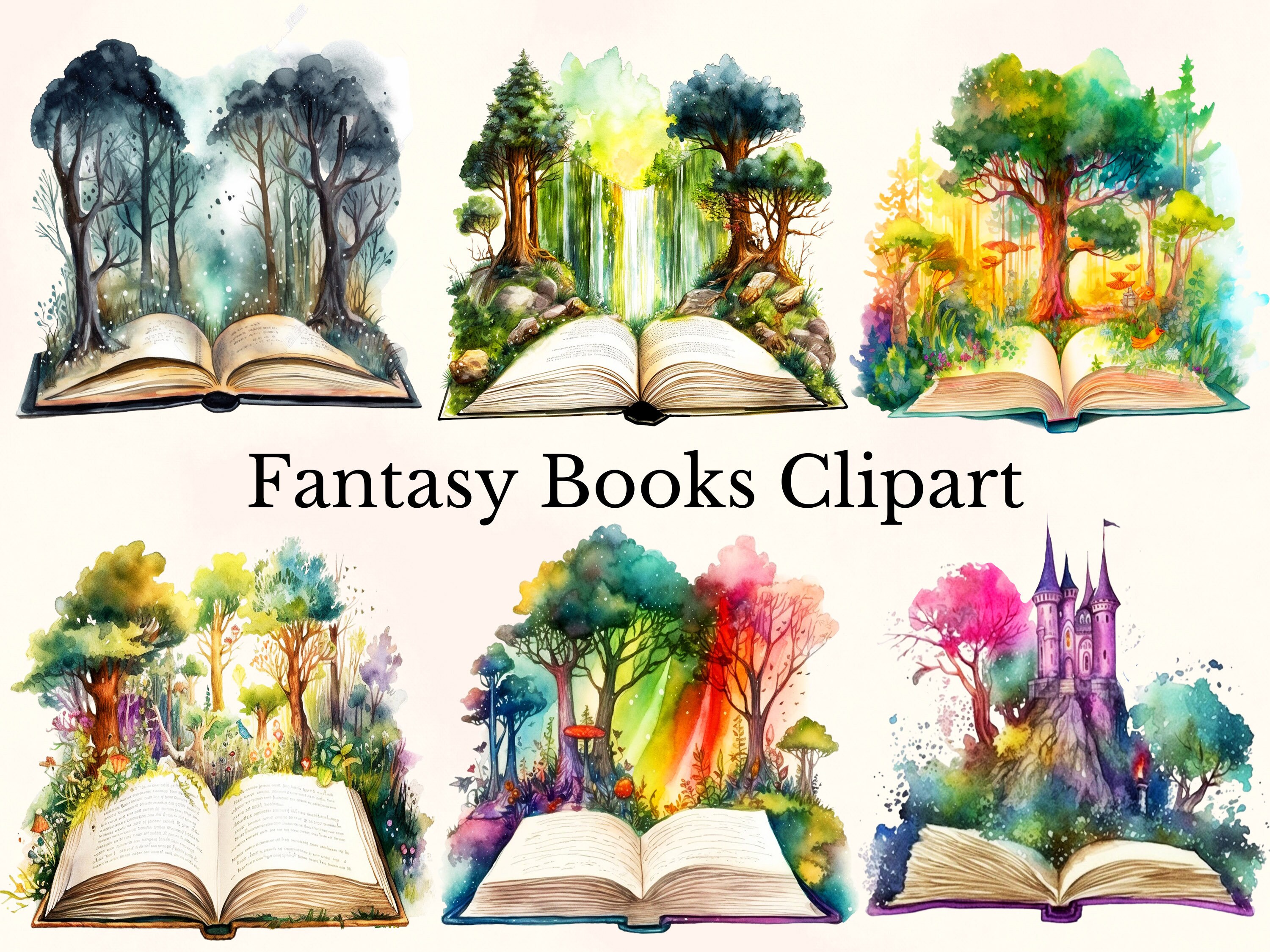 Watercolor Fantasy Books Clipart Vintage Stacklibrary - Etsy