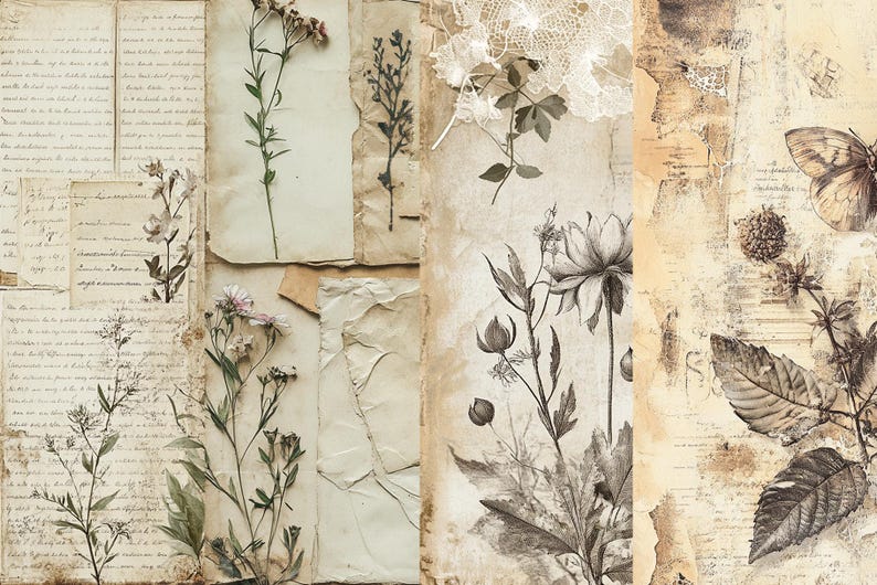Vintage Botanical Digital Paper, Scrapbook Ephemera (PNG, 12x12 In) - Etsy