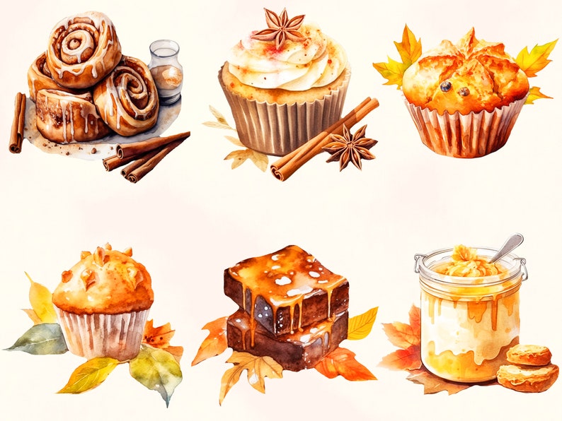 Watercolor Autumn Dessert Clipart: Pumpkin Spice Thanksgiving (instant ...