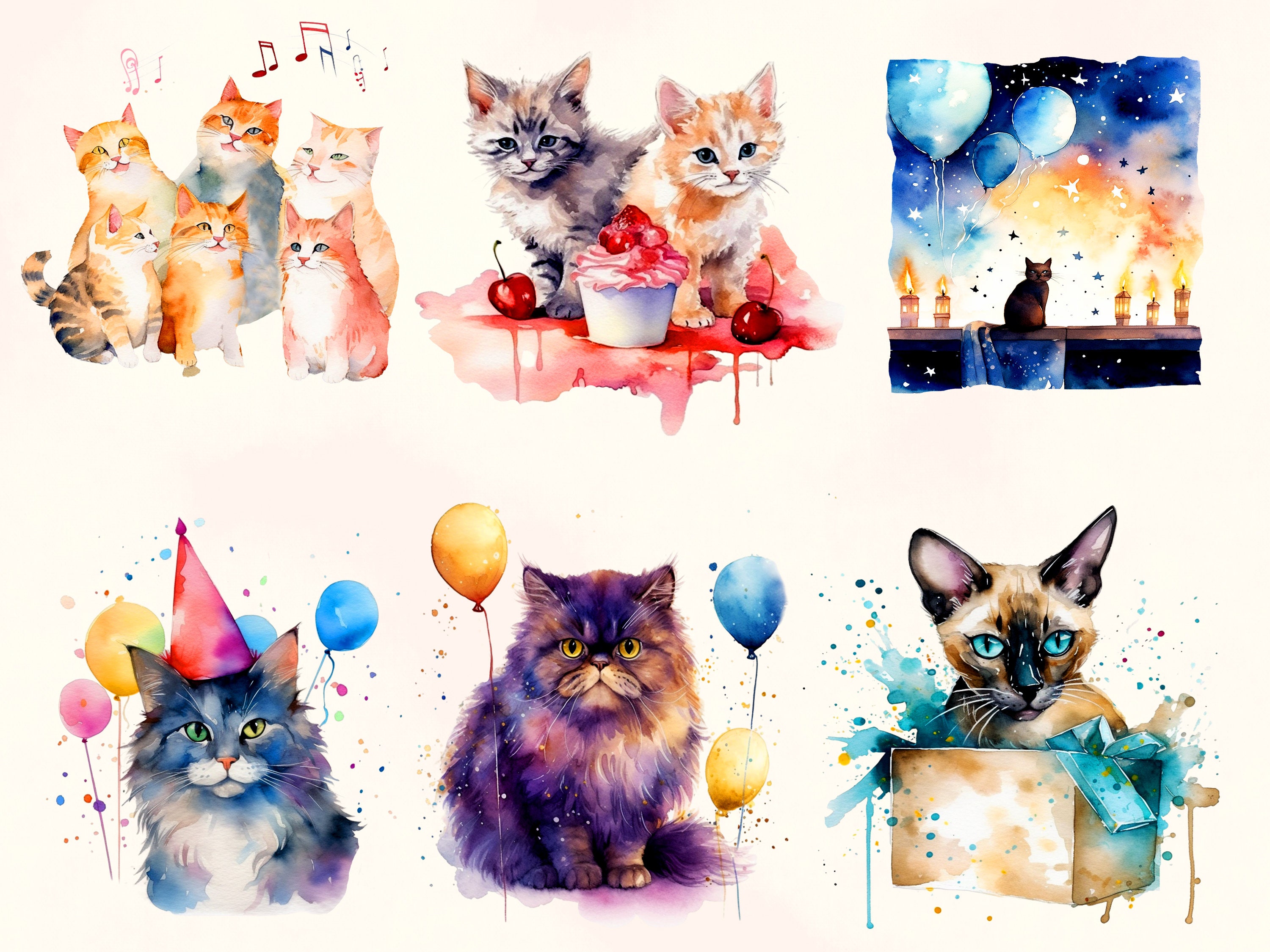 Watercolor Birthday Cat Clipart: 14 PNG Images (commercial Use) - Etsy