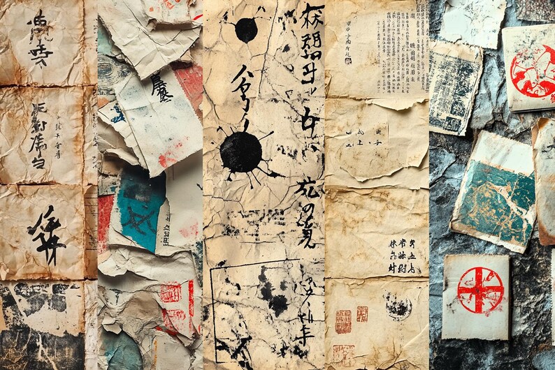 Distressed Japanese Stamps Digital Paper: 12x12 Scrapbook Paper (PNG ...