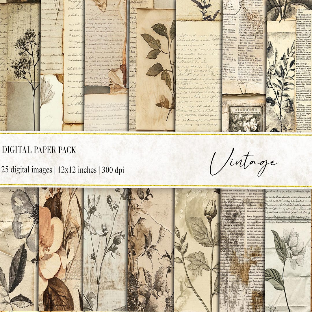 Vintage Botanical Digital Paper: Ephemera Scrapbook Paper (12x12 Inches ...