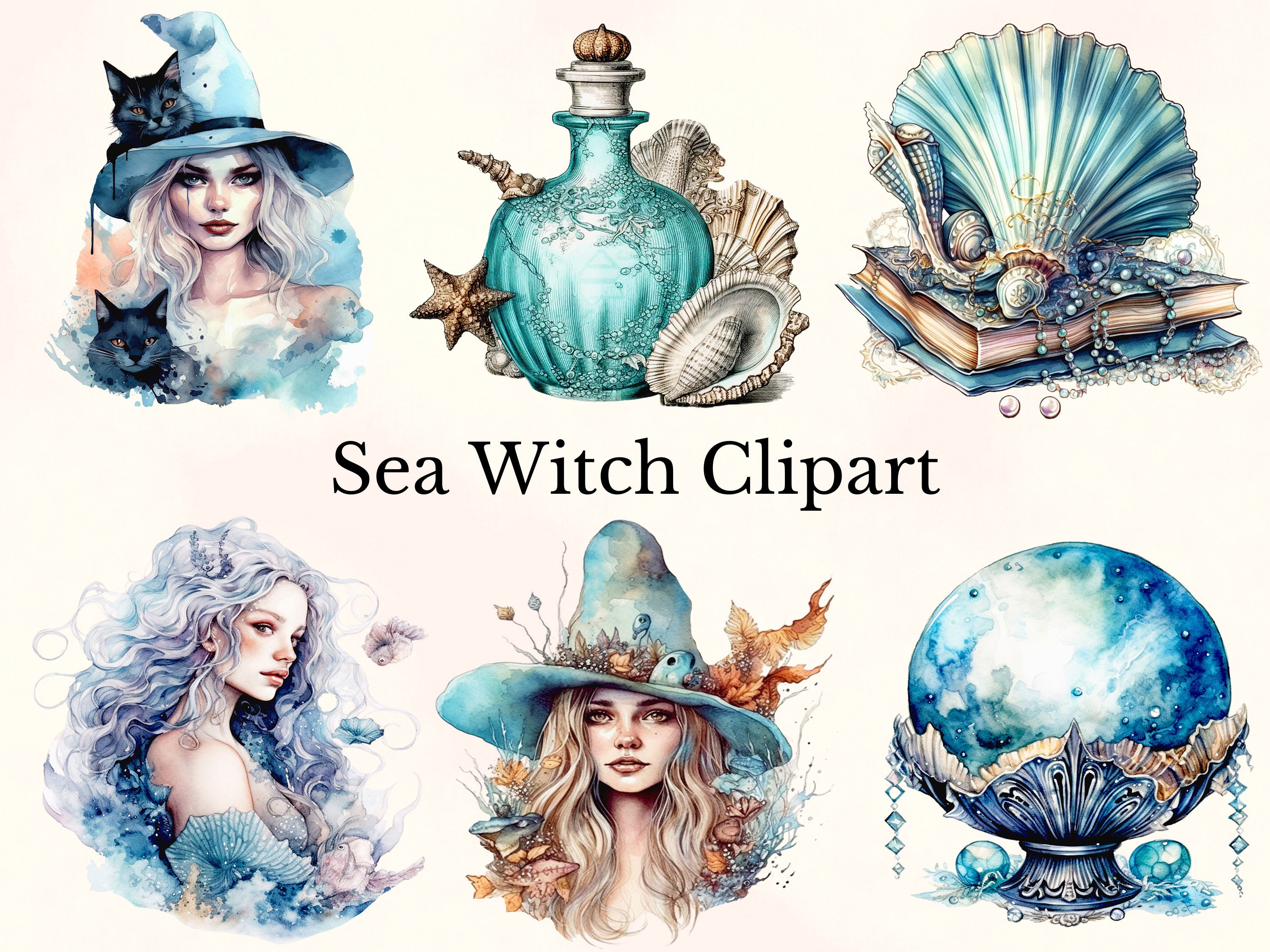 Watercolor Sea Witch Clipart, 50 Sea Witchcraft Clip Art, Watercolor ...
