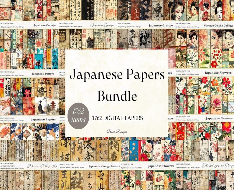 Japanese Papers Bundle: 1762 Asian Scrapbook Pages Junk Journal Kit ...