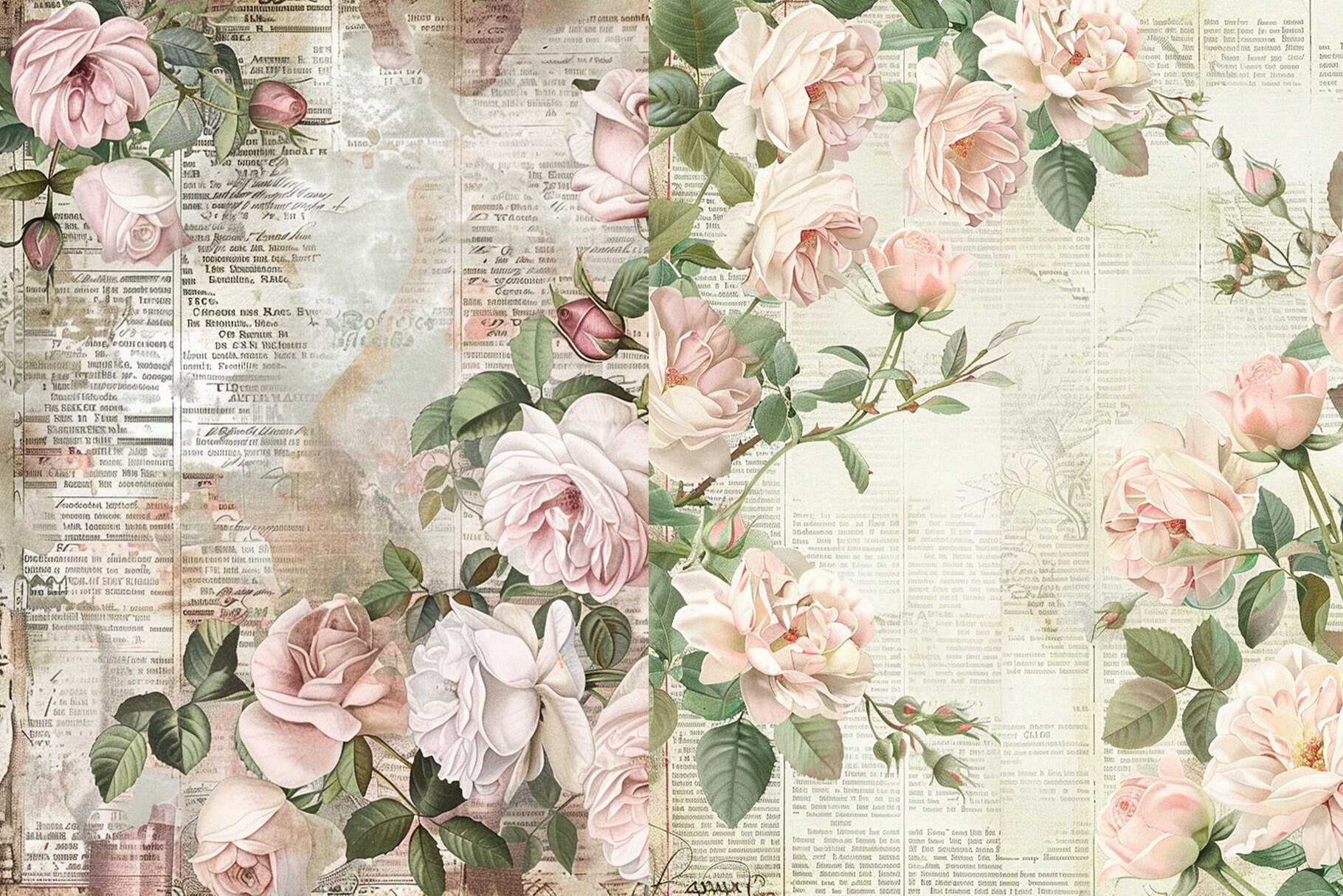 Vintage Rose Newspaper Digital Paper, Floral Ephemera (digital Download ...