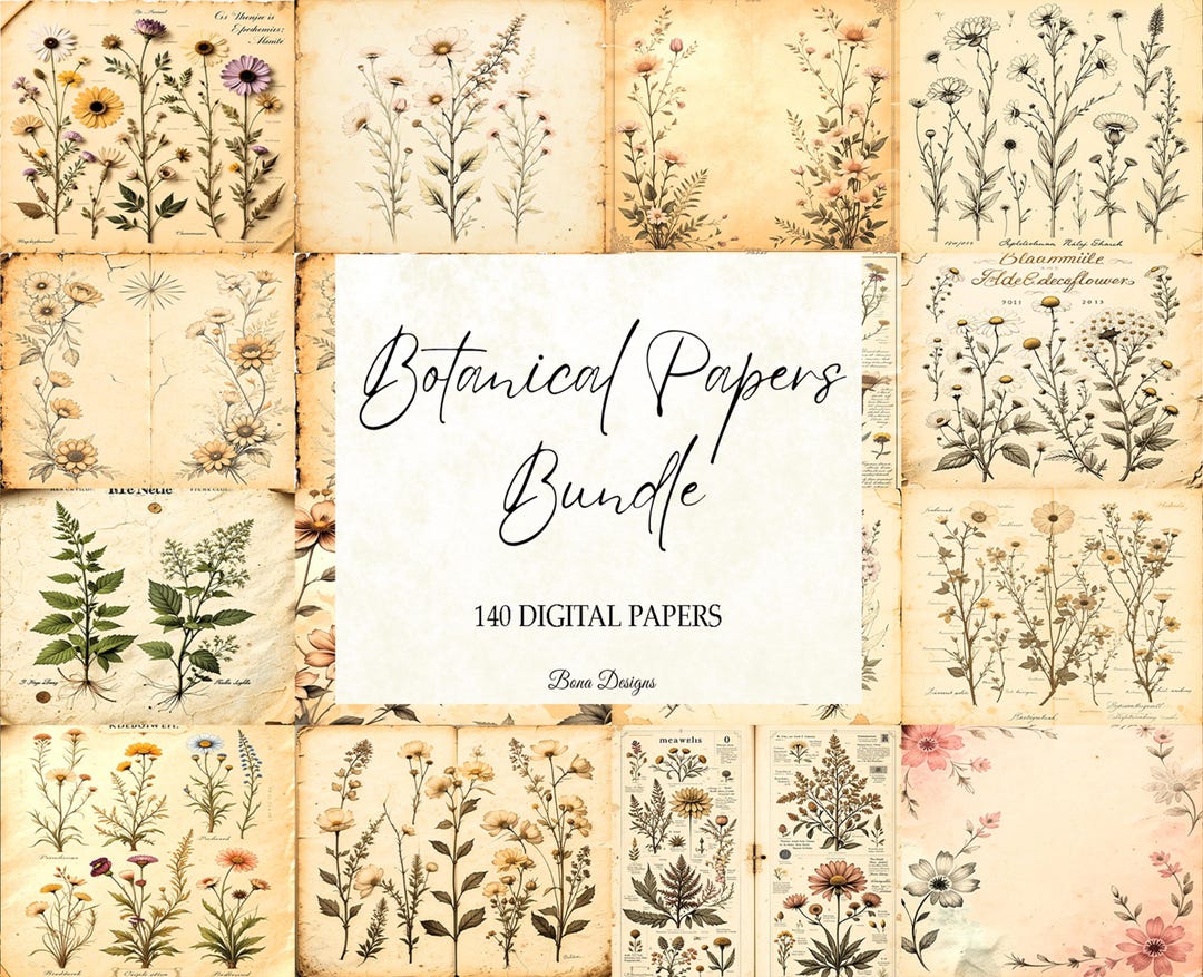 Vintage Botanical Paper Ephemera Bundle: 140 Floral Pngs (digital ...