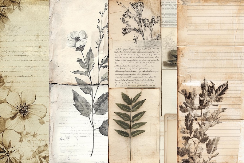 Vintage Botanical Digital Paper, Scrapbook Ephemera (PNG, 12x12 In) - Etsy