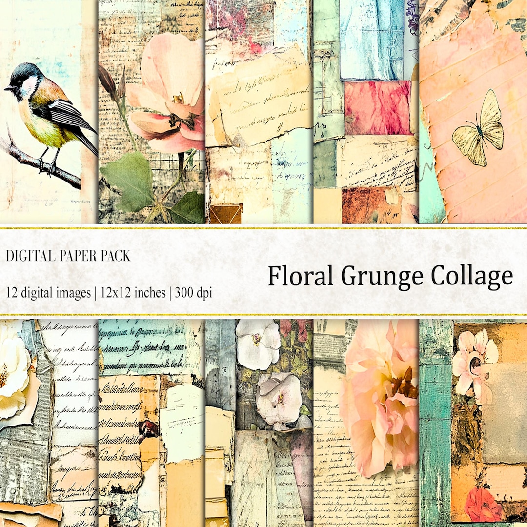 Floral Grunge Collage Digital Paper, Collage Print, Junk Journal Paper ...