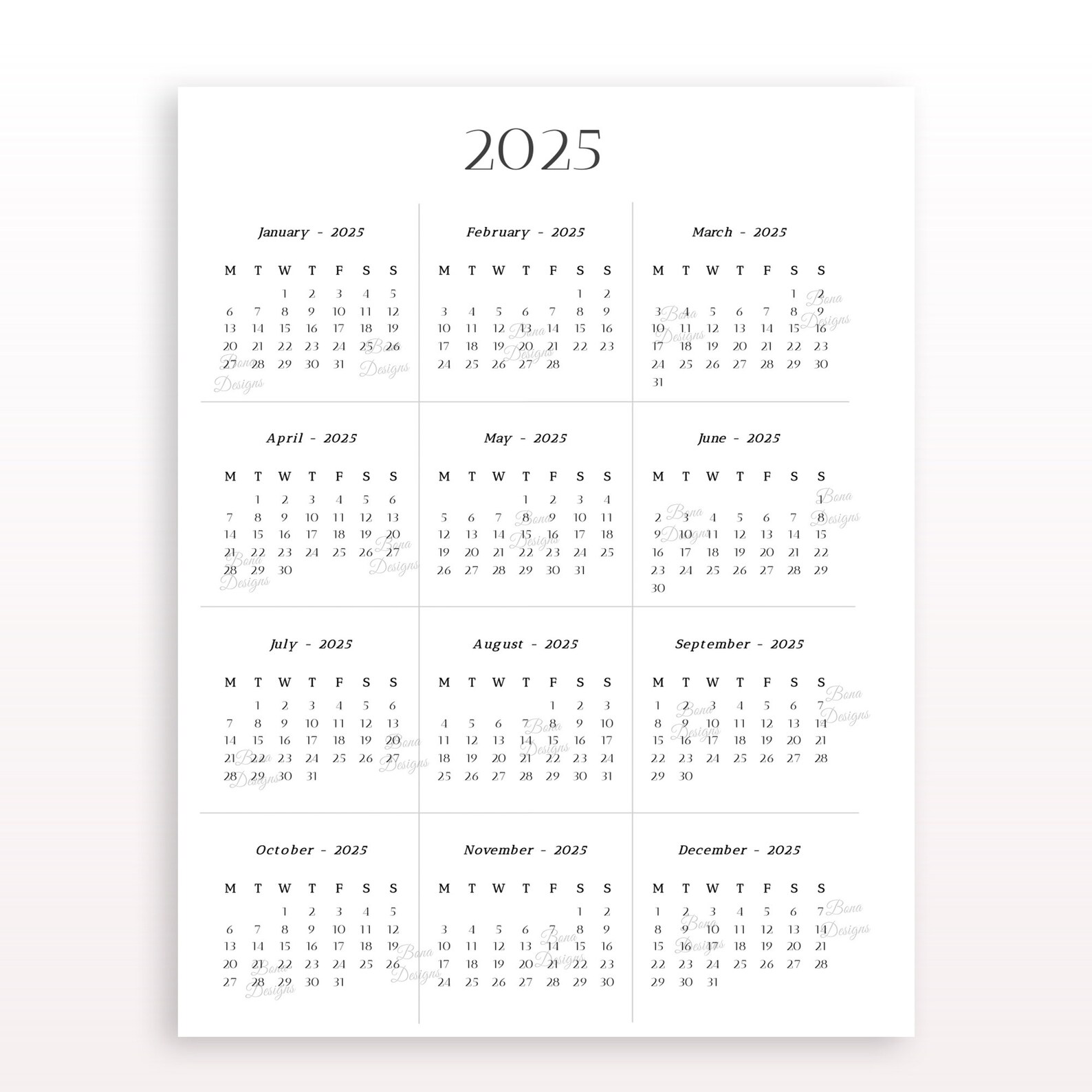 Kalender 2025, Jahreskalender 2025, Kalender zum Ausdrucken, Planer ...