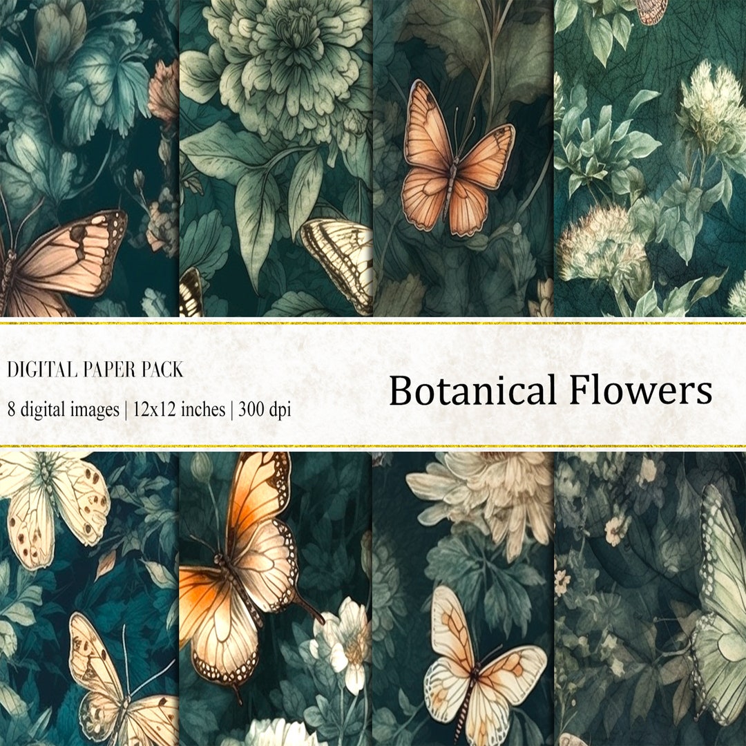 Botanical Flowers Digital Paper: Vintage Butterfly Backgrounds (digital ...