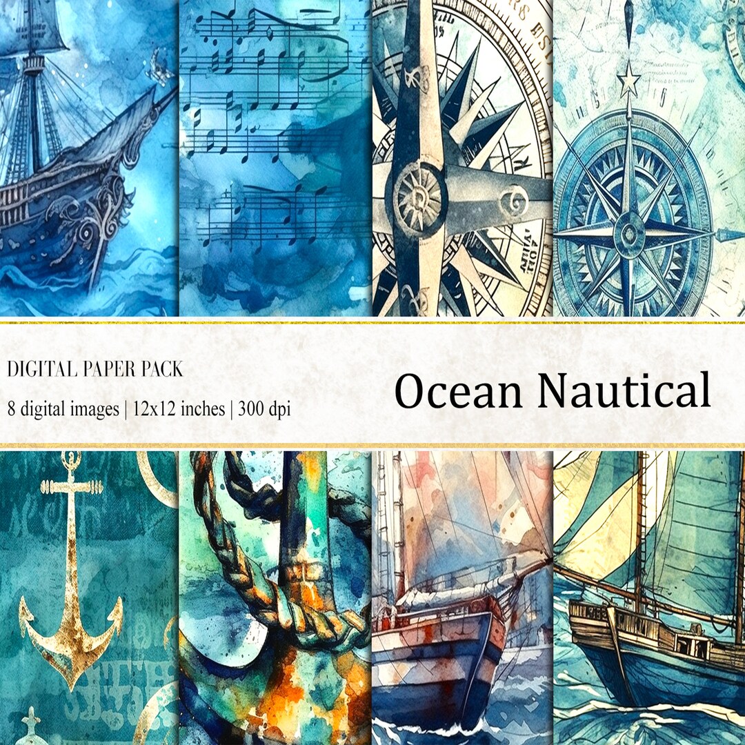 Ocean Nautical Digital Papers, Watercolor Ocean Nautical Print ...