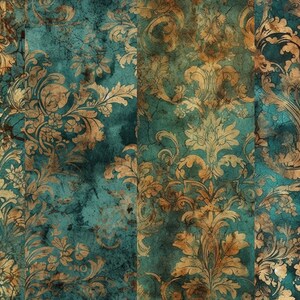 Distressed Damask Digital Papers, Teal Bronze Seamless Patterns, Bronze ...