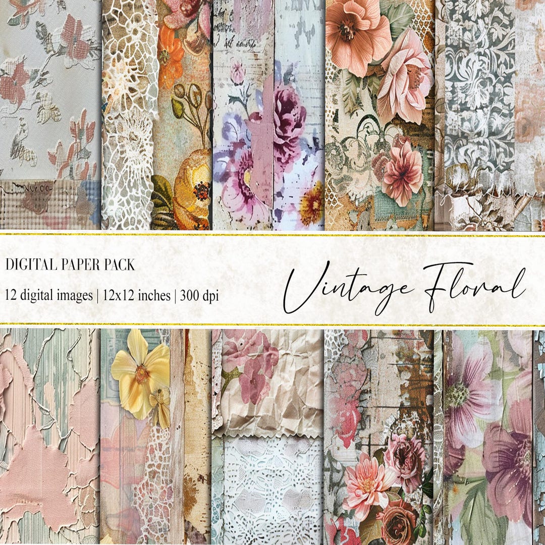 Vintage Floral Digital Paper, Floral Collage Digital Paper, Cottage ...