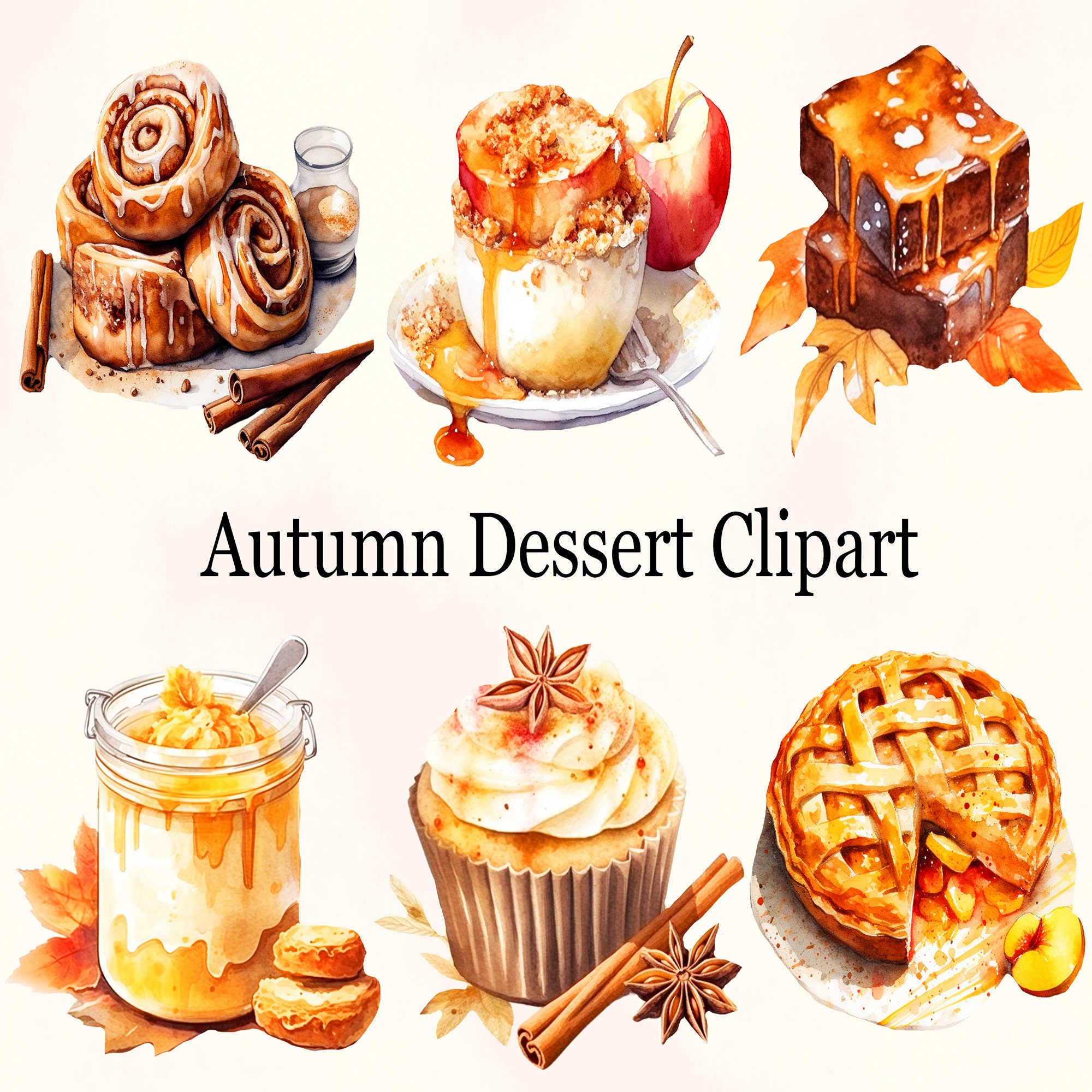 Watercolor Autumn Dessert Clipart: Pumpkin Spice Thanksgiving (instant ...