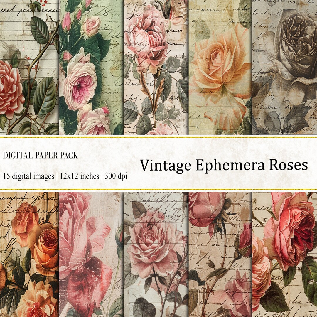 Vintage Rose Ephemera Digital Paper: Floral Scrapbook Backgrounds ...