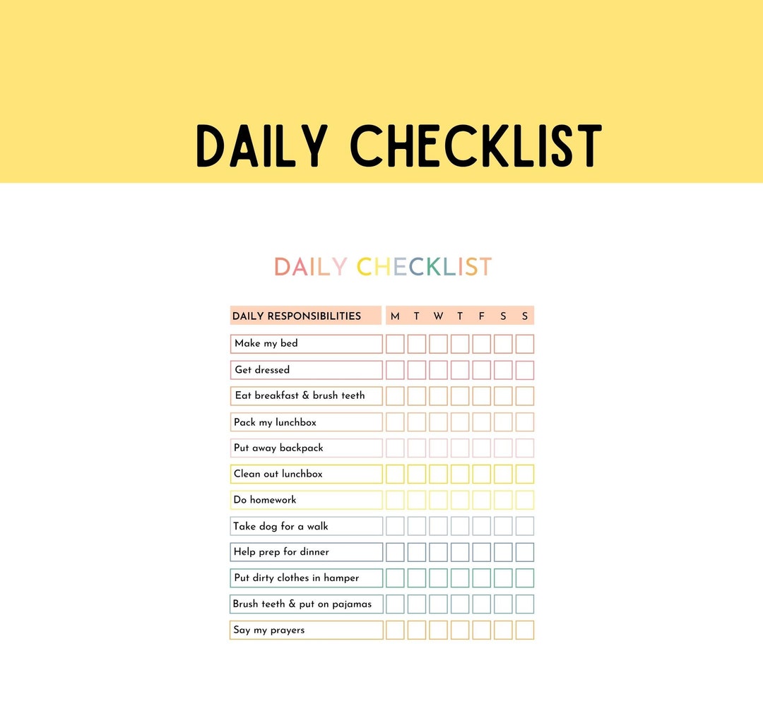 Daily Checklist, Printable Tasks, Responsibility Checklist, Daily ...