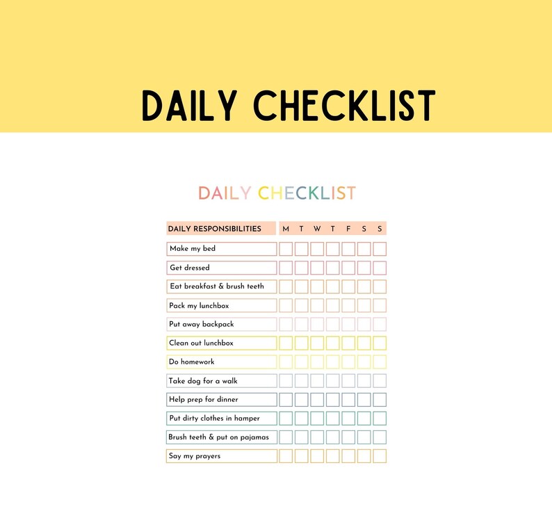Daily Checklist, Printable Tasks, Responsibility Checklist, Daily ...