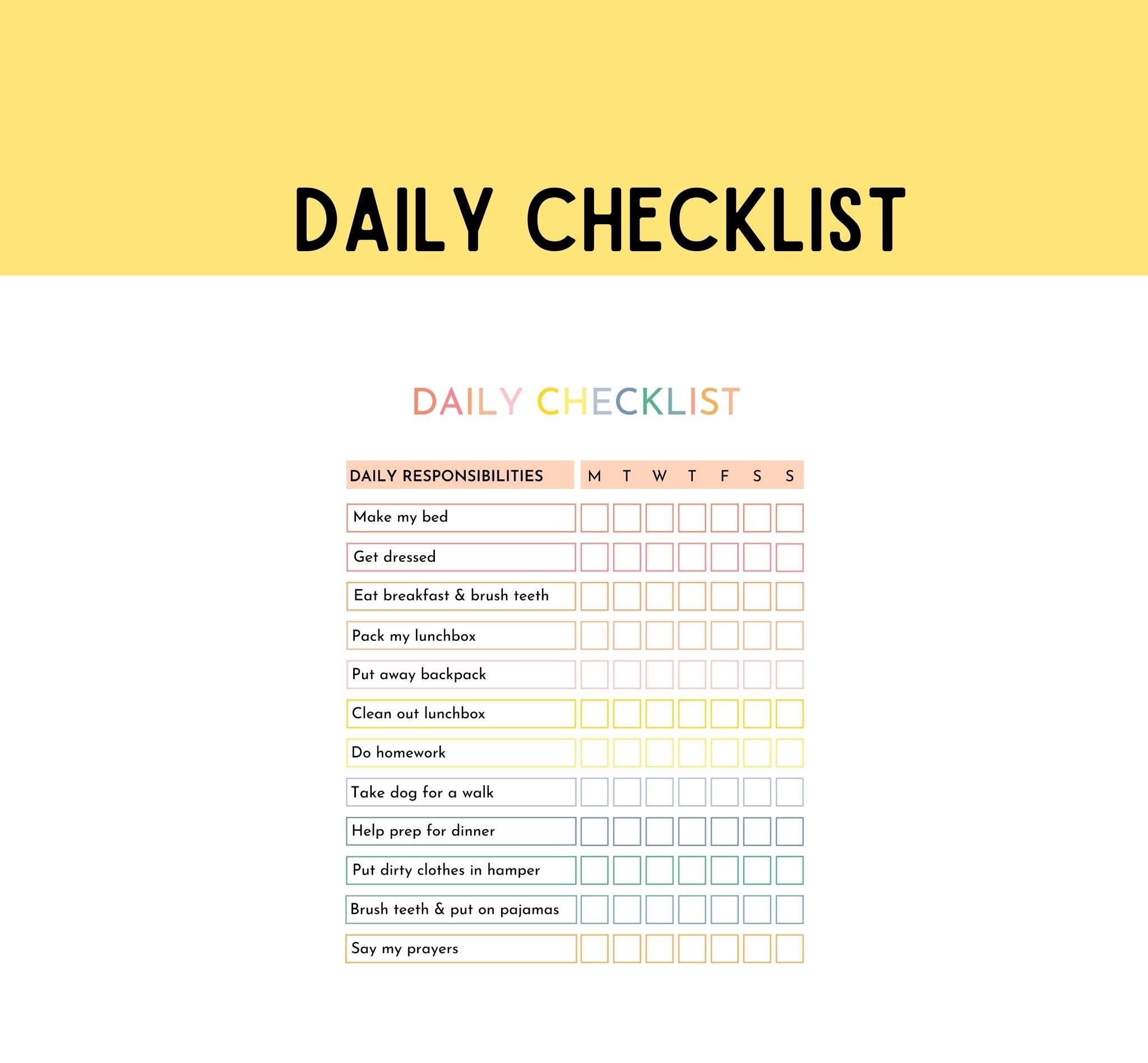 Daily Checklist, Printable Tasks, Responsibility Checklist, Daily ...