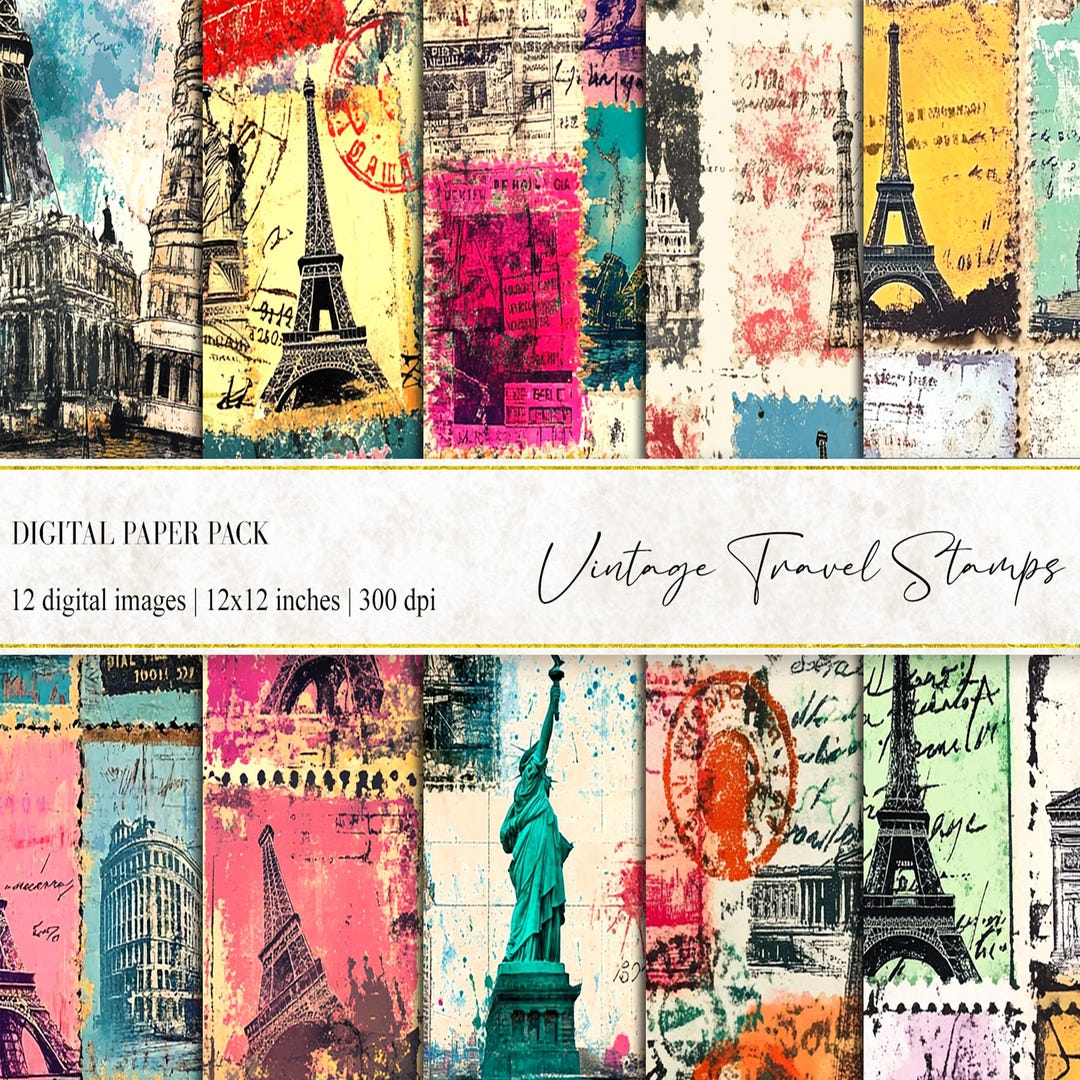 Vintage Travel Stamps Digital Paper, Vintage Travel Digital Paper ...