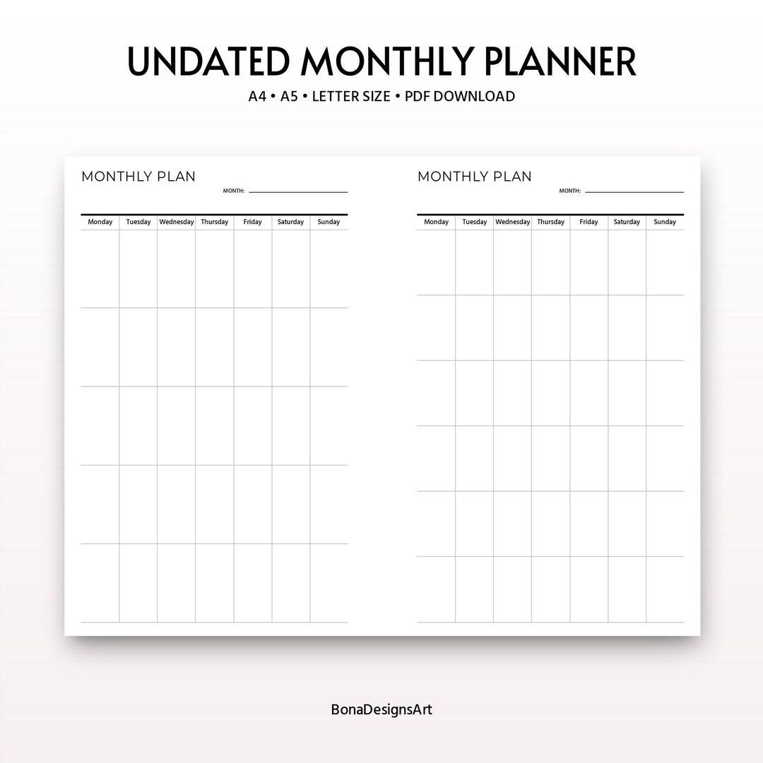 Undated Monthly Planner Printable, Instant Download, Monthly Planner ...