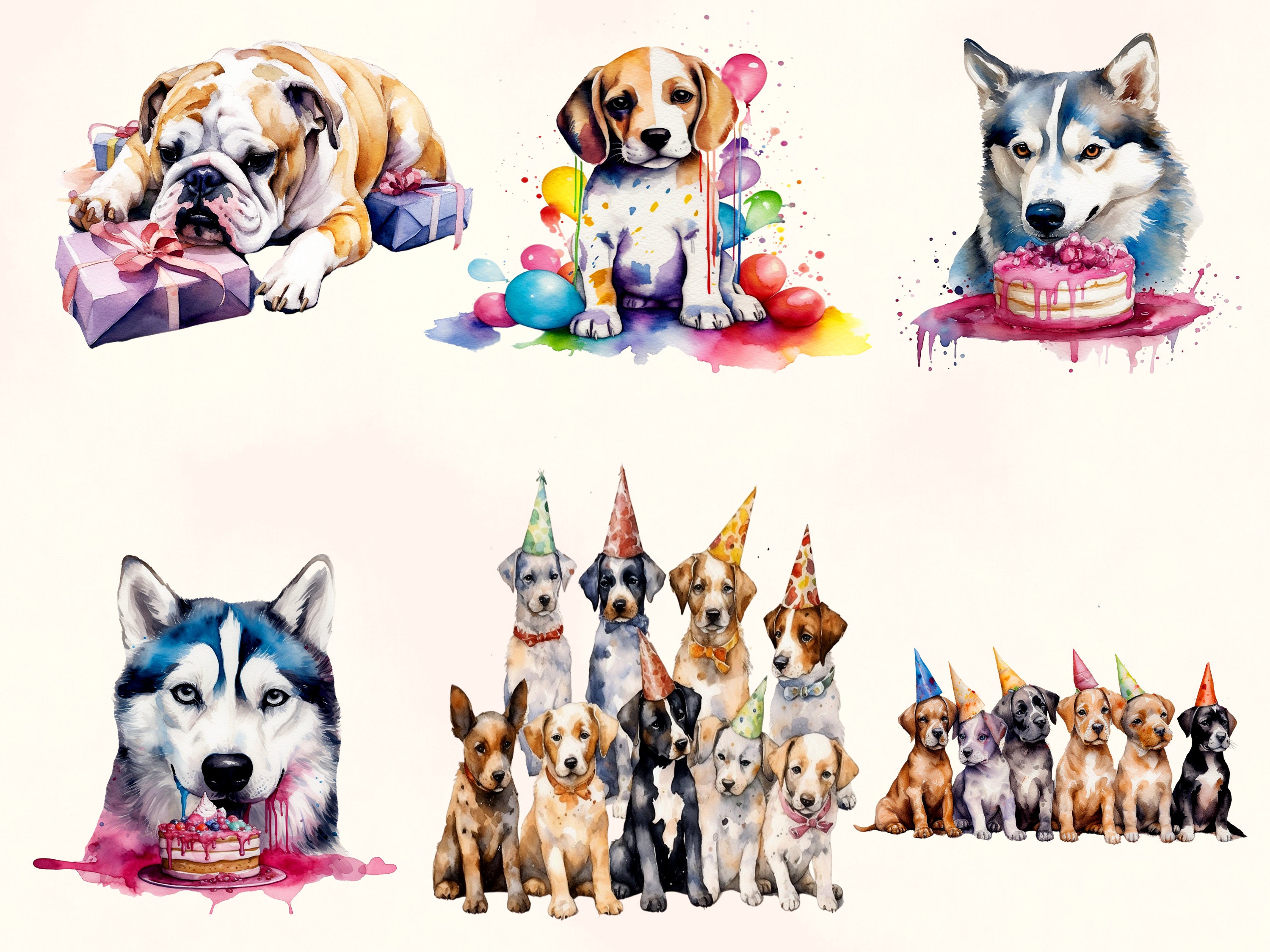 Watercolor Birthday Dog Clipart: Party Dogs With Cake (PNG, Commercial ...